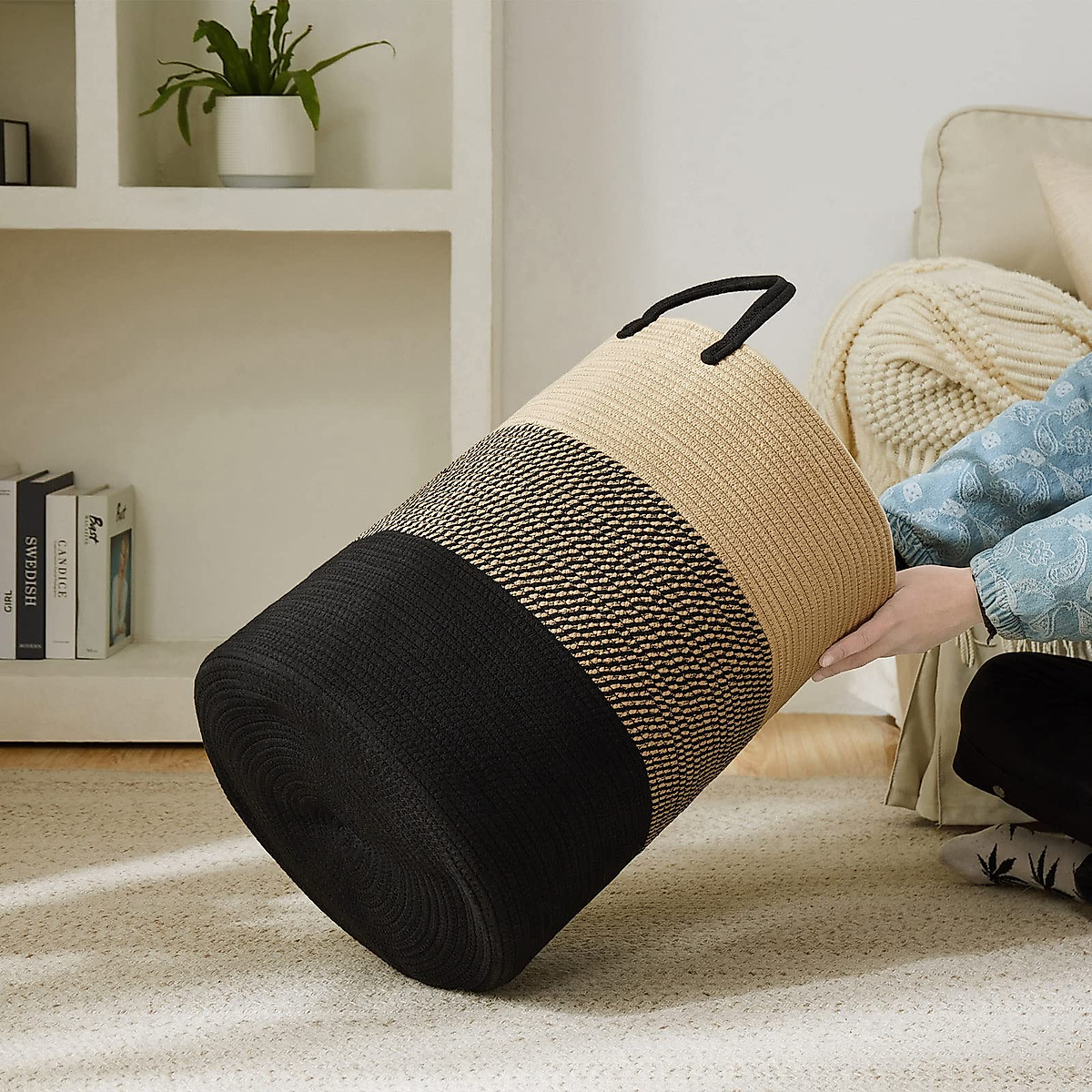 Black Woven Rope Laundry Basket by TECHMILLY, 58L Baby Nursery Hamper for Clothes Blanket Storage, Large Tall Laundry Hamper for College Dorm, Bedroom, Living Room