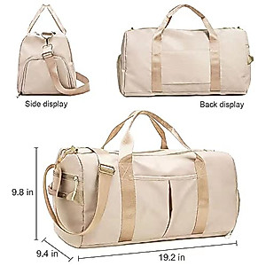Small Gym Bag for Women and Men, Workout Bag for Sports and Weekend Getaway, Waterproof Dufflebag with Shoe and Wet Clothes Compartments (Beige)