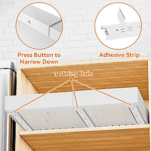 Expandable Pull Out Cabinet Organizer - Slide Out Cabinet Drawer Adhesive Kitchen Sliding Drawers with 4pcs Divider Racks for Pantry Bathroom Under Sink Home Storage, Width 12.2"-20.7"，White