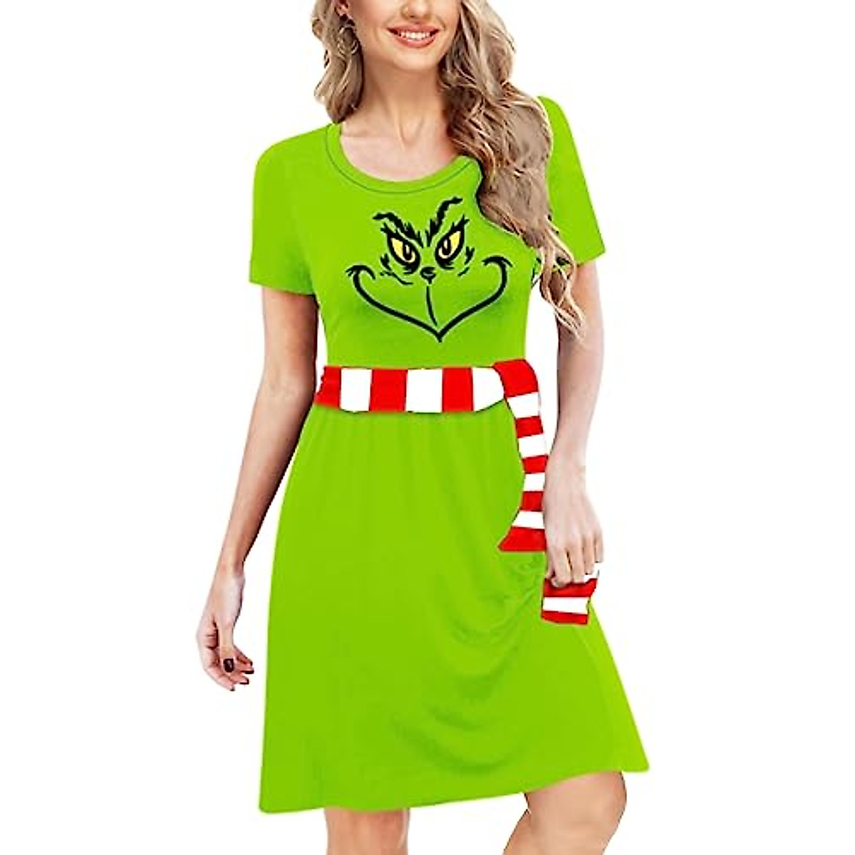 Womens Christmas Green Monster Dress Halloween Grinch Costume Dresses Fancy Flare Dress XL