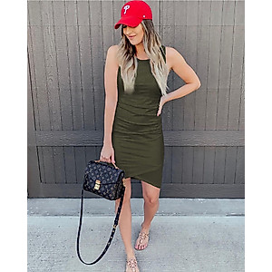 BTFBM Women 2024 Summer Sleeveless Tank Dresses Crew Neck Slim Fit Short Casual Ruched Bodycon Party Club Mini Dress(Dark Green 2, Medium)