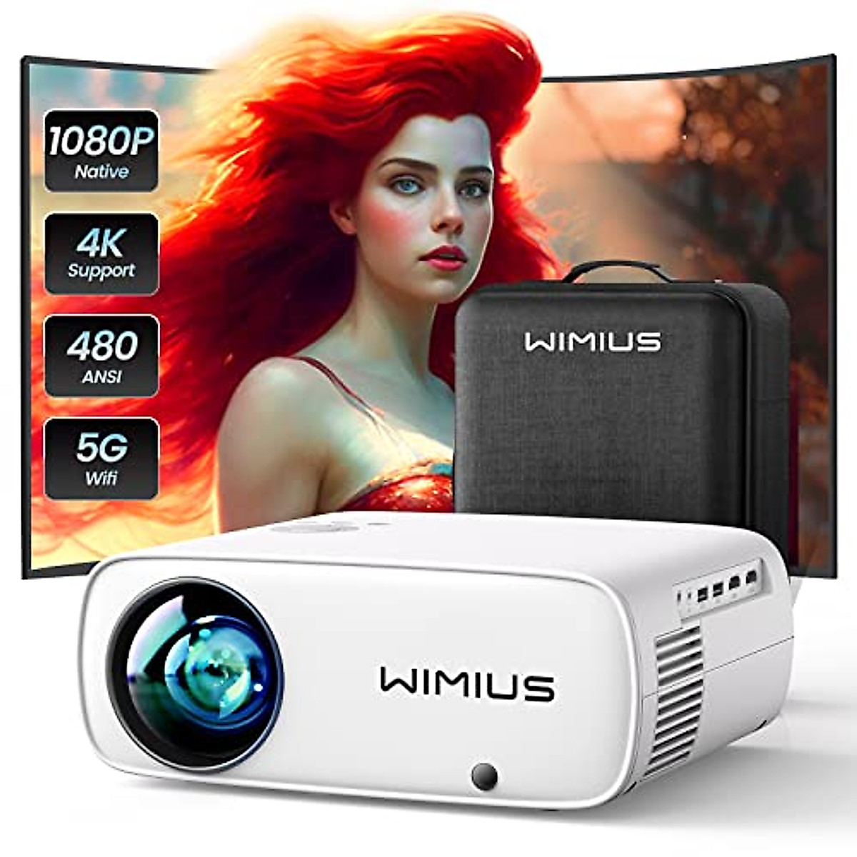 Movie Projector 4K Supported, Native 1080P Bluetooth 480ANSI Outdoor Projector 5G WiFi, WiMiUS S26 Home Theater 300'' Display Compatible with iOS/Android/TV Stick/PS5