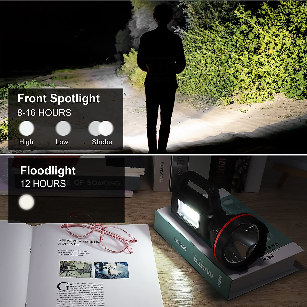 Rechargeable Spotlight Flashlight, High Lumens Handheld Spotlight,LED Searchlight with Shoulder Strap and USB Output for During Hurricane,Emergency, Storms, Outages,Hunting, Hiking, Camping(Black1)