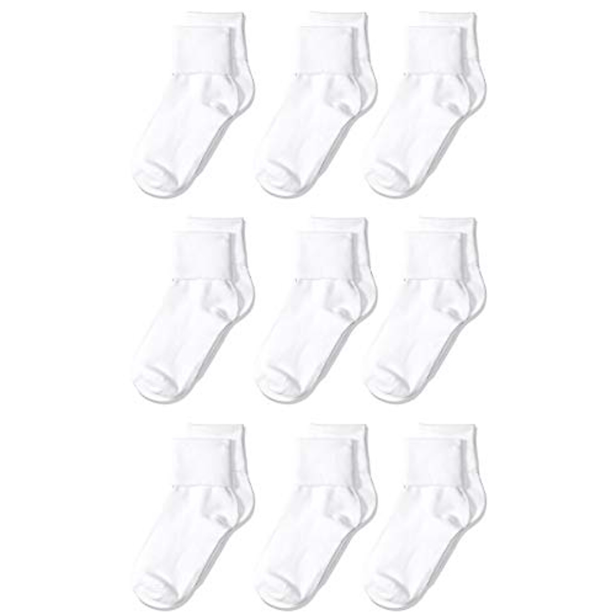 Amazon Essentials Girls' Comfortable Cotton Uniform Turn Cuff Sock, for Kids, 9 Pairs, White, Medium