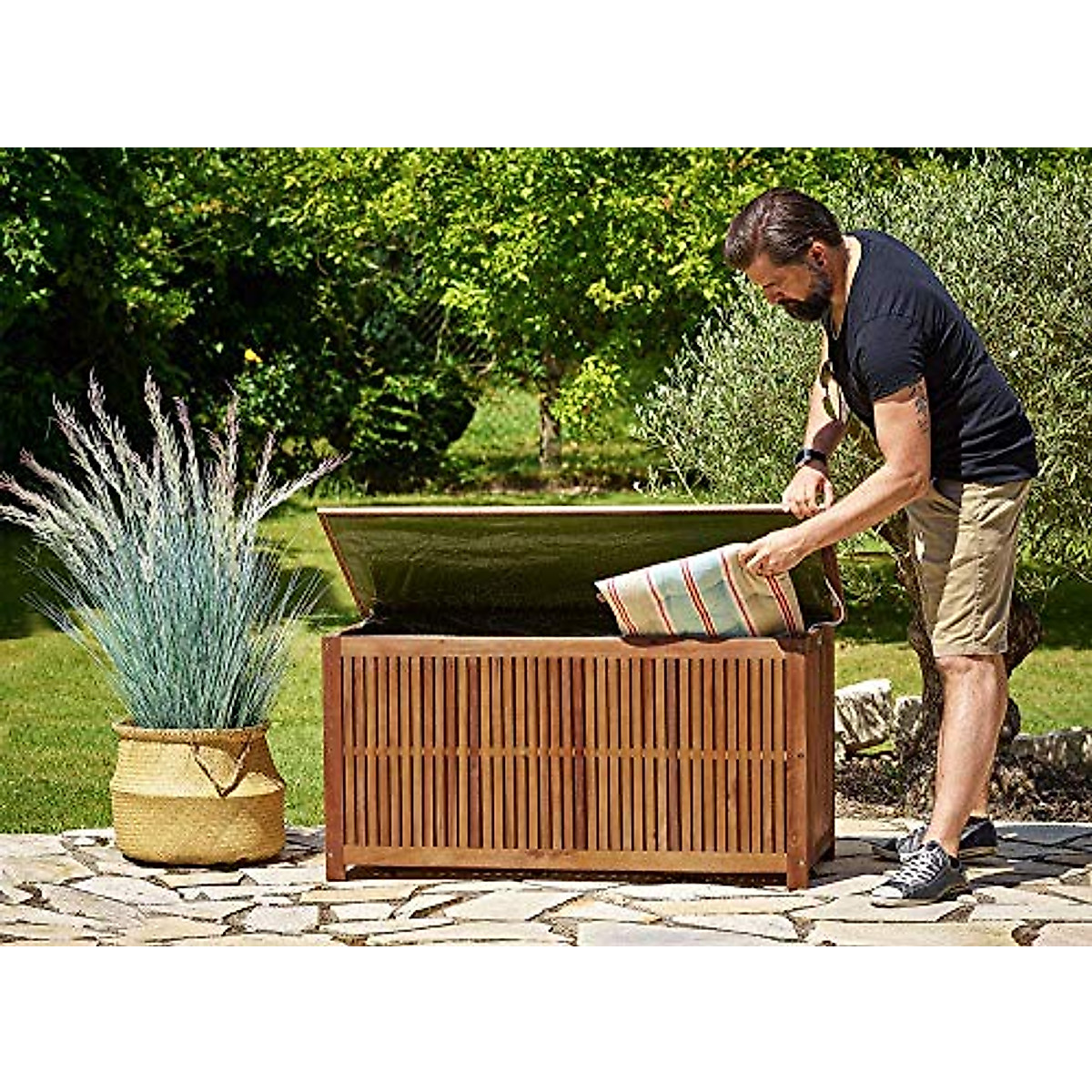 cucunu Outdoor Storage Box 65 Gallon Wooden Deck Boxes for Patio Garden Pool 46x20x24 Inch Waterproof Wood Chest Large Container