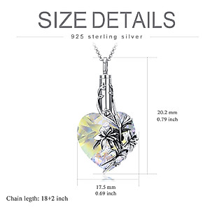 TOUPOP Lily Urn Necklace Heart Cremation Jewelry for Ashes 925 Sterling Silver Flower Pendant Necklaces with Crystal w/Funnel Filler Memorial Keepsakes Jewelry Gifts for Women Girls