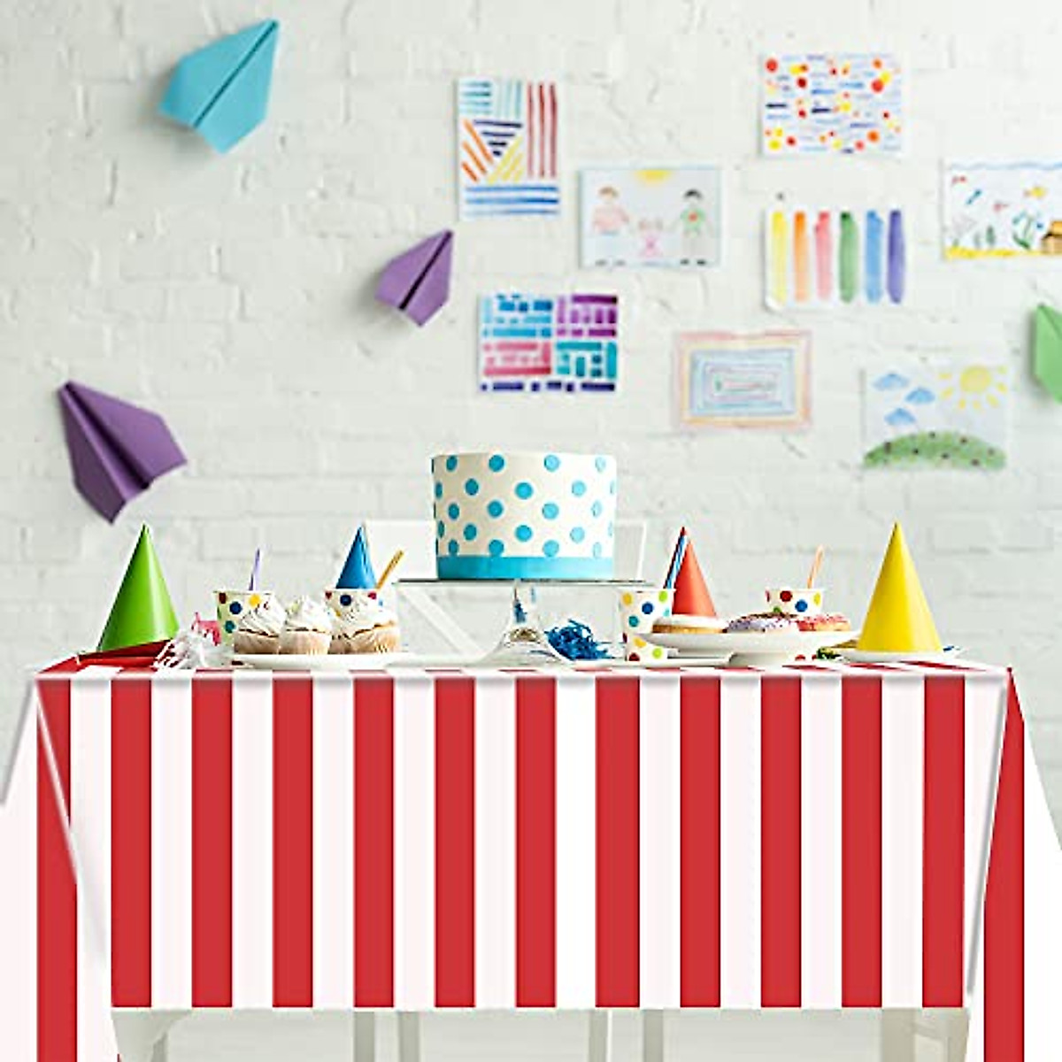 peony man 2 Pieces Red and White Striped Tablecloth Plastic Stripe Table Cover Carnival Circus Tablecloths Waterproof Rectangle Tablecloth for Holiday Party Picnic Decoration, 54" x 107"