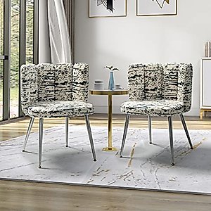 HULALA HOME Modern Dining Chairs Set of 2, Print Living Room Chair with Shell Back and Golden Metal Legs, Comfy Upholstered Cute Accent Chair for Living Room Bedroom Makeup Room Vanity, Ivory