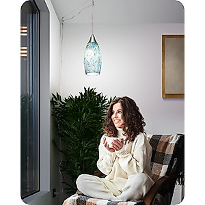 DEWENWILS EDISHINE Plug in Pendant Light, Hanging Light with15FT Adjustable Cord, On/Off Switch, Handcrafted Art Glass Shade, Hanging Light Fixture for Kitchen, Bathroom, Entryway, Light Blue