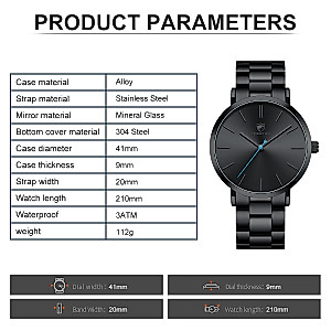 GOLDEN HOUR Men's Watches Slim Minimalist Runway Black Stainless Steel Quartz Analog Watch with Blue Hands