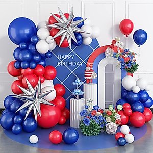 Red White Blue Balloon Arch Kit, Latex Birthday Balloons 5 10 18 inch Blue Red White Party Balloon Garland Kit with 2 Silver Explosion Star for Baby Shower Decorations Wedding Graduation Party