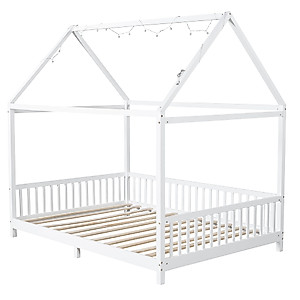 SOFTSEA Wood Montessori Bed Frame with High Fence Full Size House Bed Low Bed Frame with LED Lights for Kids