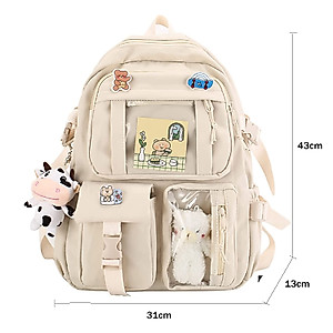 Thanps Kawaii Backpack with Cute Pin Accessories and Plush Pendant Cute Aesthetic Backpacks for School Bag Girl Backpack (Beige)