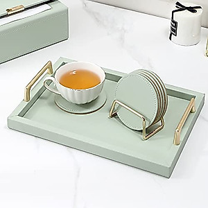 Coaster Set of 6 with Metal Holder Leather Coasters Cup Coaster for Coffee Table Absorbent Coaster Housewarming Gift for Tabletop Protection Home Decor (Green)