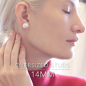 Large Pearl Earrings for Women - Big Pearl Earrings for Women Studs, Large Pearl Studs Earrings for Women, Oversized Pearl Earrings 14mm White Faux Pearl Earring Studs, Big Stud Earrings for Women