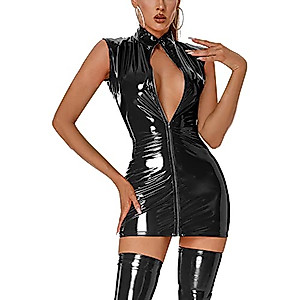 Women’s Sexy PU Leather Catsuit Shiny Latex Jumpsuit One-Piece PVC Outfit Tight Zipper Front Bodysuit Cosplay Costumes Black M