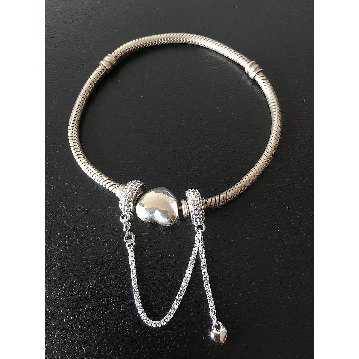 Heart Safety Chain Charm 925 Sterling Silver Beads fit Pandora Charms Bracelet & Necklace (White Safety chain)