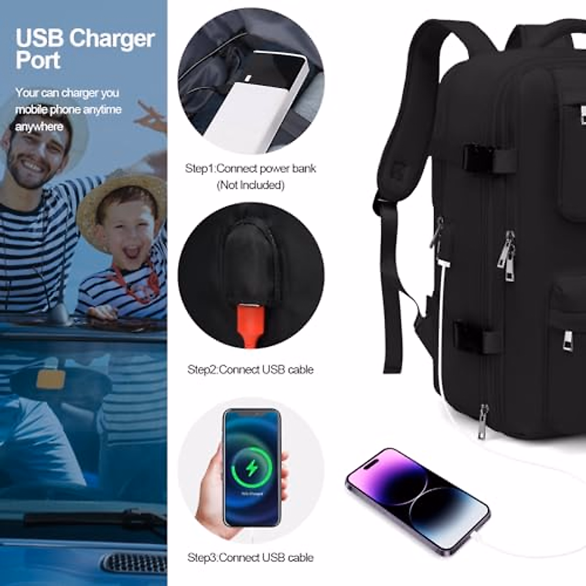 TRAVELHEART Travel Backpack for Women and Men - Large Expandable 45L with Shoe Compartment - Carry On Backpack for Airplanes - Flight Approved - Personal Item Size, Black