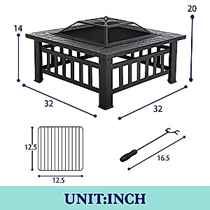 Fire Pit 32in Square Metal Firepit Patio BBQ Fireplace with Charcoal Rack Mesh Cover Poker for Camping Bonfire Picnic Outdoor Heating