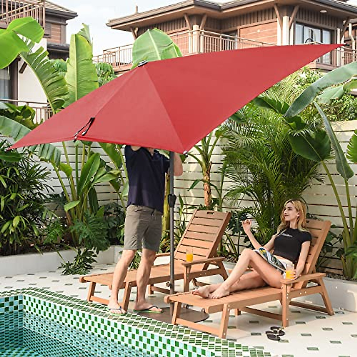 Gardesol 6.5 * 10 FT Patio Umbrella, Outdoor Table Umbrella with Push Button Tilt, 8 Sturdy Ribs, UV Protection, Solution-Dyed Fabric, Market Umbrella for Deck, Backyard, Pool, Red