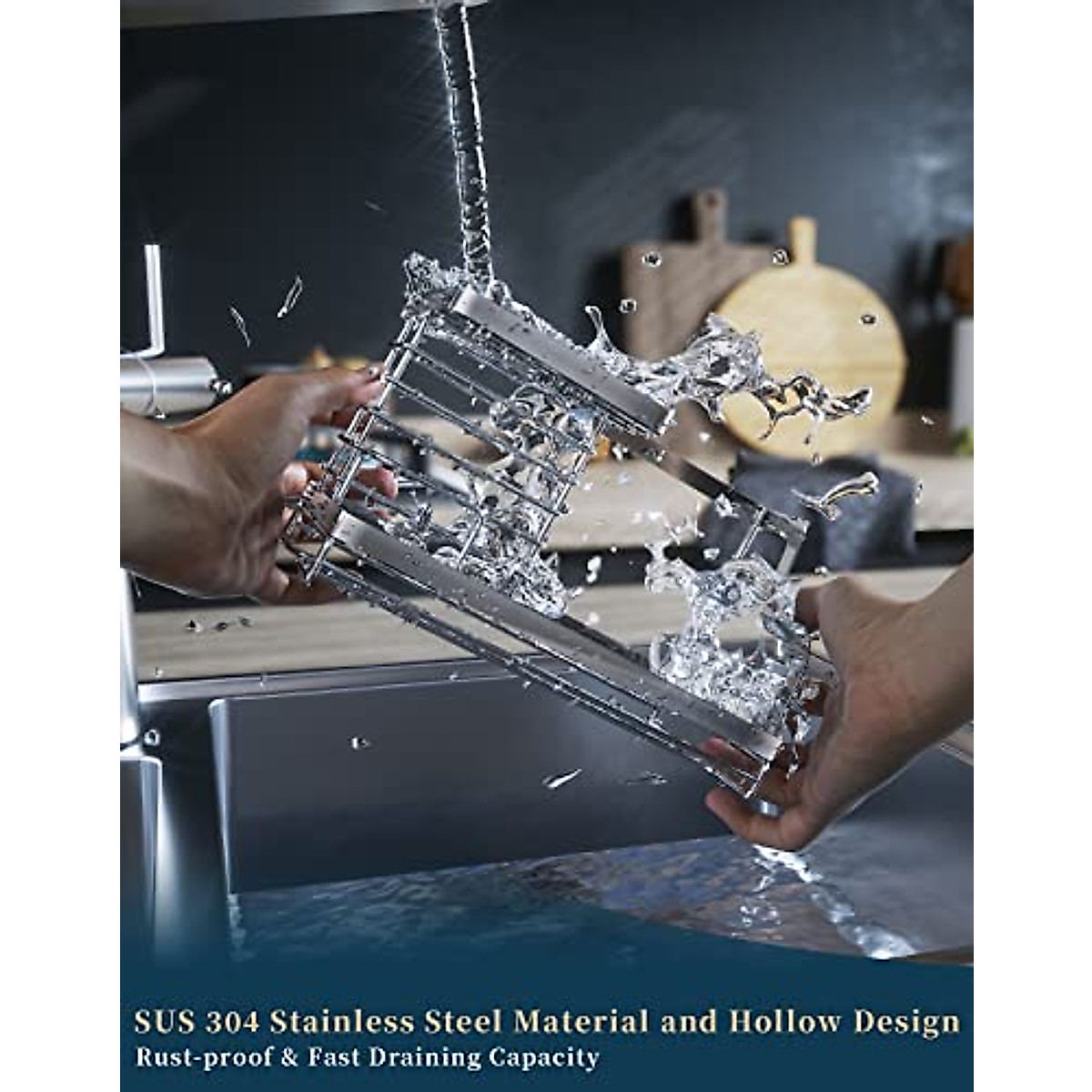 Consumest Kitchen Sponge Holder Sink Caddy, Double-layer Soap Sponge and Brush Holder with Removable Drain Tray, SUS304 Stainless Steel Kitchen Sink Organizer, Silver (8.26 × 4.72 × 5.11 inch)