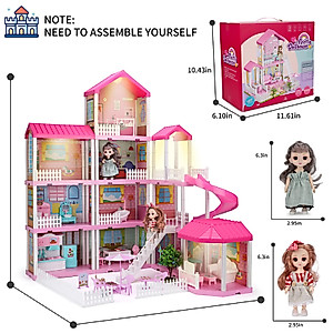HCFJEH Dollhouse Play House for Girl, Doll House with Lights & Two Dolls & Furniture Accessories, Toddler DIY Princess House Playhouse Pretend Set Toy, Birthday Gift for 3 4 5 6 7 Year Old(11 Room)