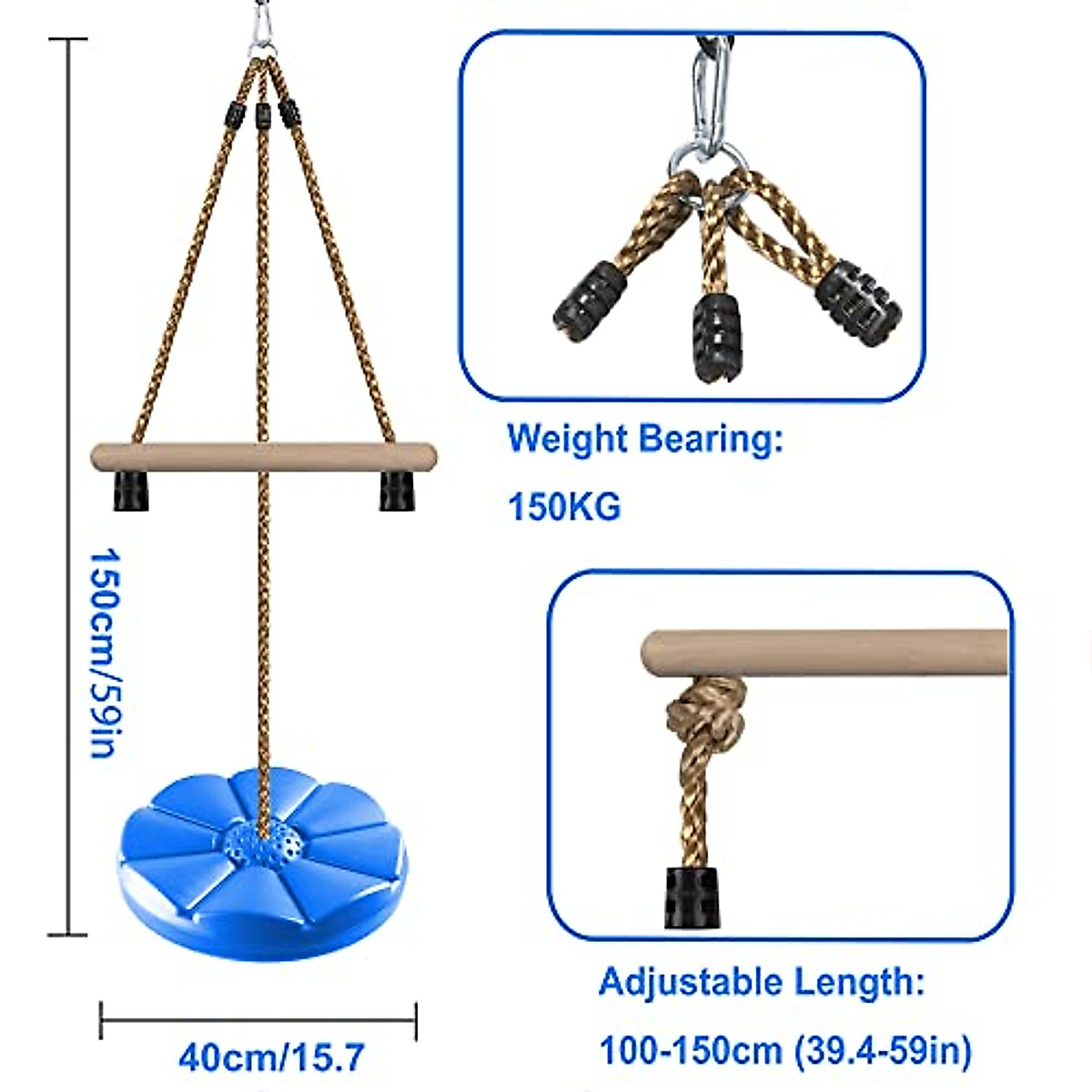 Disc Swing for Kids, Swing Set Accessories, KINSPORY 7FT Height Adjustable Gym Monkey Bars, Tree Swing for Backyard, Outdoor Play Equipment - Blue