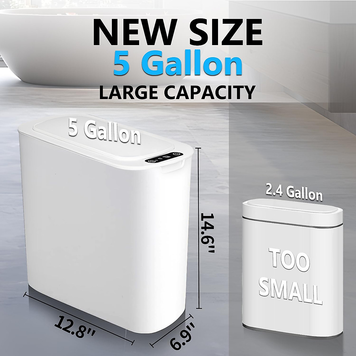 5 Gallon Motion Senor Bathroom Trash Can with Lid, Automatic Garbage Can Touchless, Smart Plastic Waste Basket for Narrow Spaces, Bathroom, Office, Bedroom, Living Room (White)