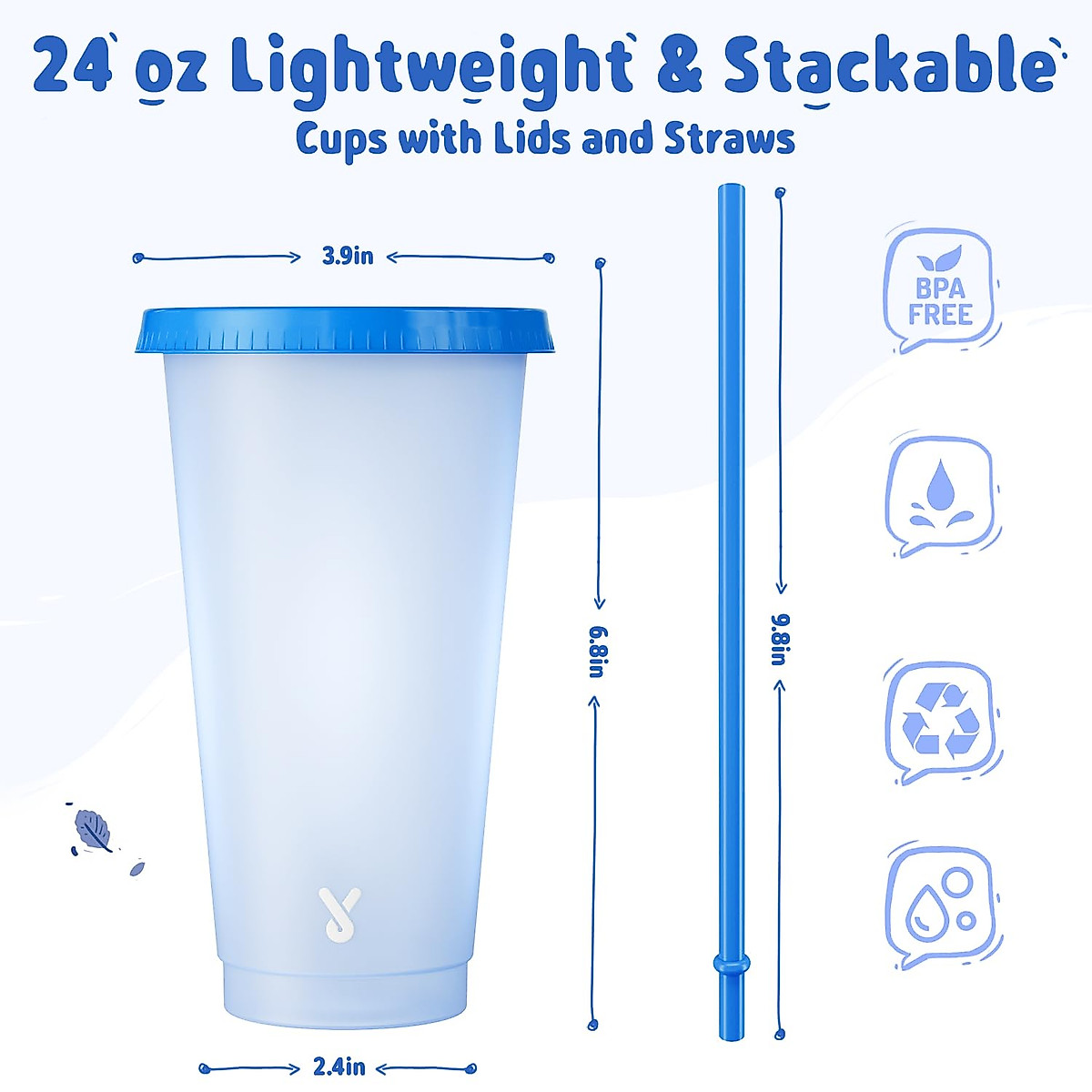 Meoky Plastic Cups with Lids and Straws - 6 Pack 24 oz Tumblers Bulk for Iced Coffee, Reusable Color Changing Cups for Party, Car, Women, Adults, BPA-free (Blue)