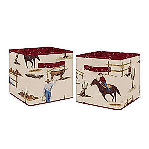 Sweet Jojo Designs Tan and Red Cowboy Foldable Fabric Storage Cube Bins Boxes Organizer Toys Kids Baby Childrens for Wild West Collection Set of 2