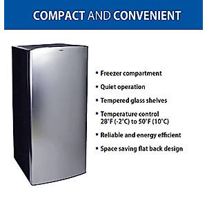 Koolatron Stainless Steel Compact Fridge with Freezer, 6.2 cu ft (176L), Silver/Black, Space-Saving Flat Back, 0.9 cu ft (25.5L) Freezer, Tempered Glass Shelves, Basement, Office, Cottage, Home Bar