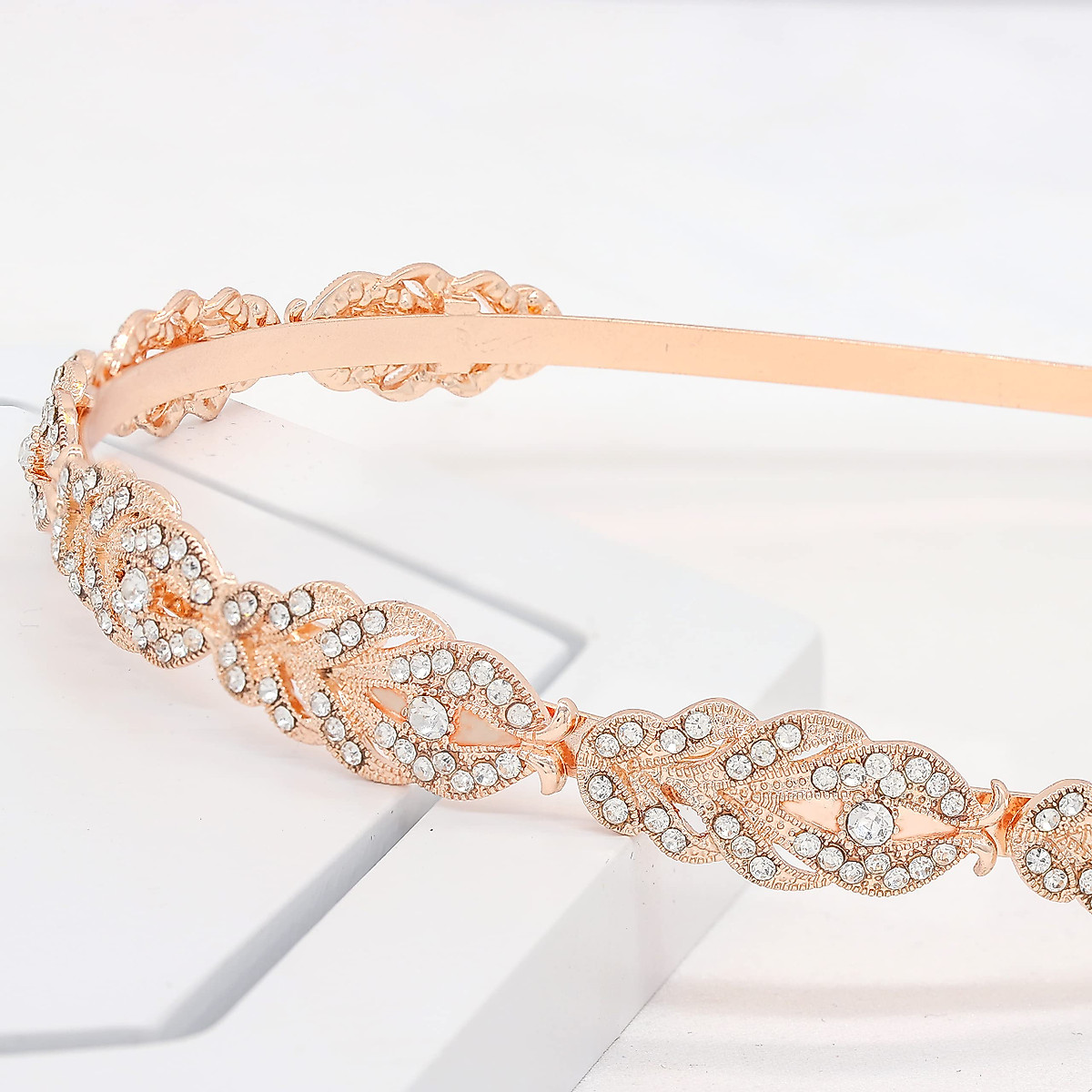 Oriamour Rose Design Rhinestone Crystal Wedding Headband Bridal Headpieces Simple Design Bridal Headband (Rose Gold)