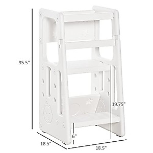 Qaba Toddler Tower with Adjustable Height, Toddler Kitchen Stool Helper with Anti-Slip Mat, Step Stool for Kitchen, Bathroom, White