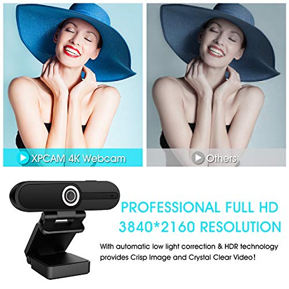 XPCAM 4K Webcam, Webcam 8MP HD Computer Camera with Microphone, Pro Streaming Web Camera with Privacy Shutter and Tripod, Desktop Laptop USB Webcams