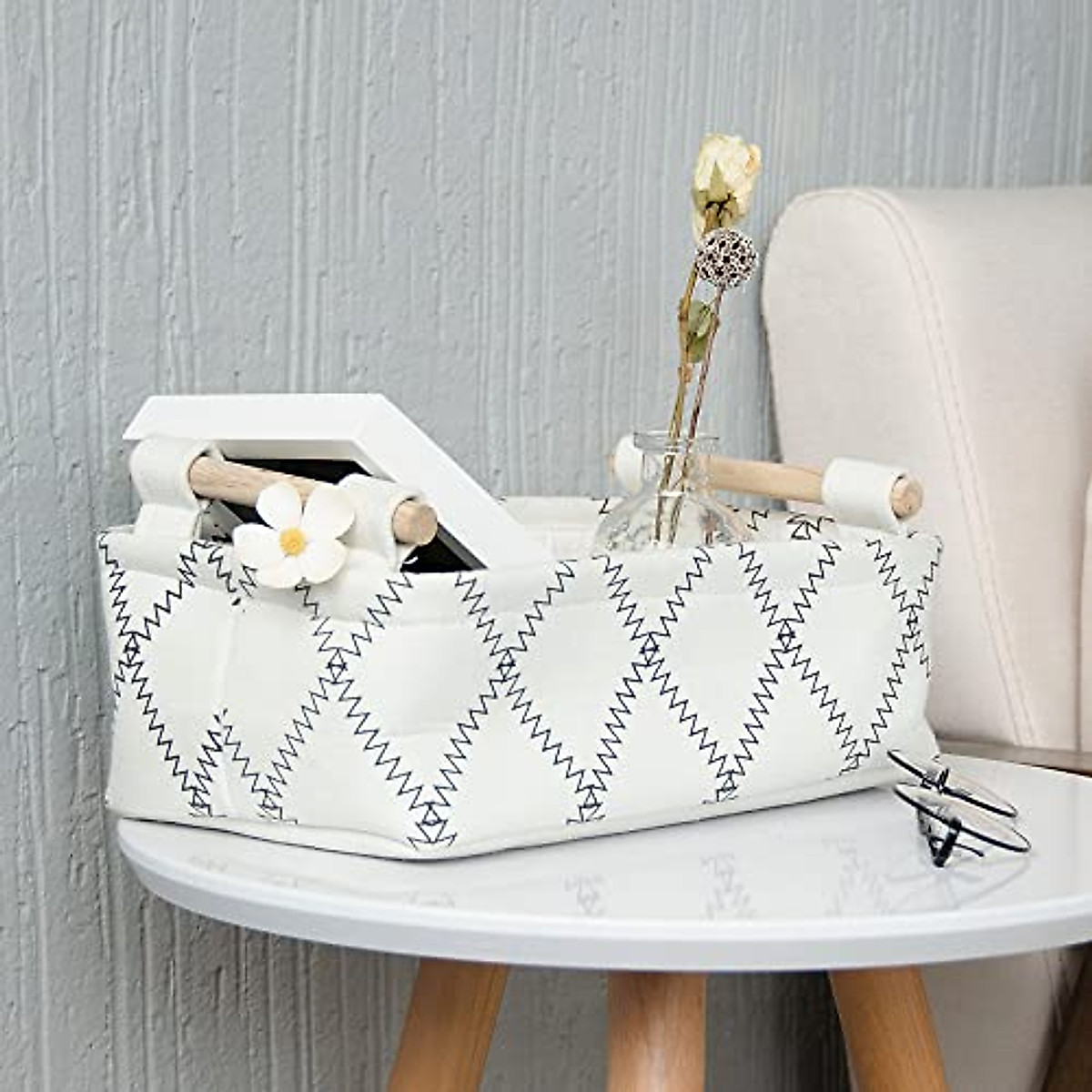 LUFOFOX Decorative Collapsible Rectangular Fabric Storage Bin Organizer Basket with Wooden Handles for Clothes Storage, 11"×7.1"×3.9", White