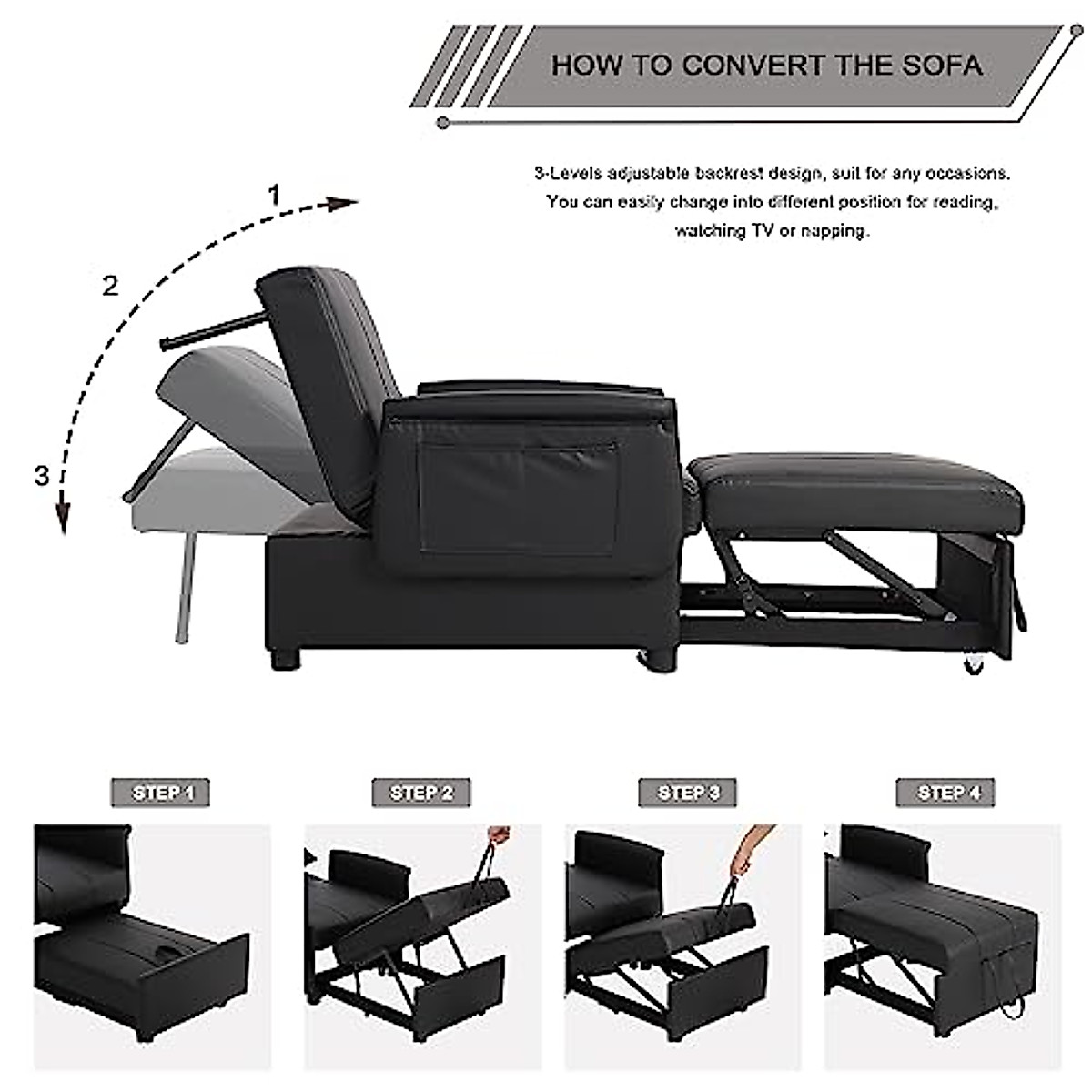 Oprisen Sleeper Chair Bed 3-in-1 Convertible Chair Bed Pull Out Sofa Bed w/Adjustable Backrest Faux Leather Chaise Lounge Sofa Bed Couch for Small Space w/Side Pockets (PU-Black)