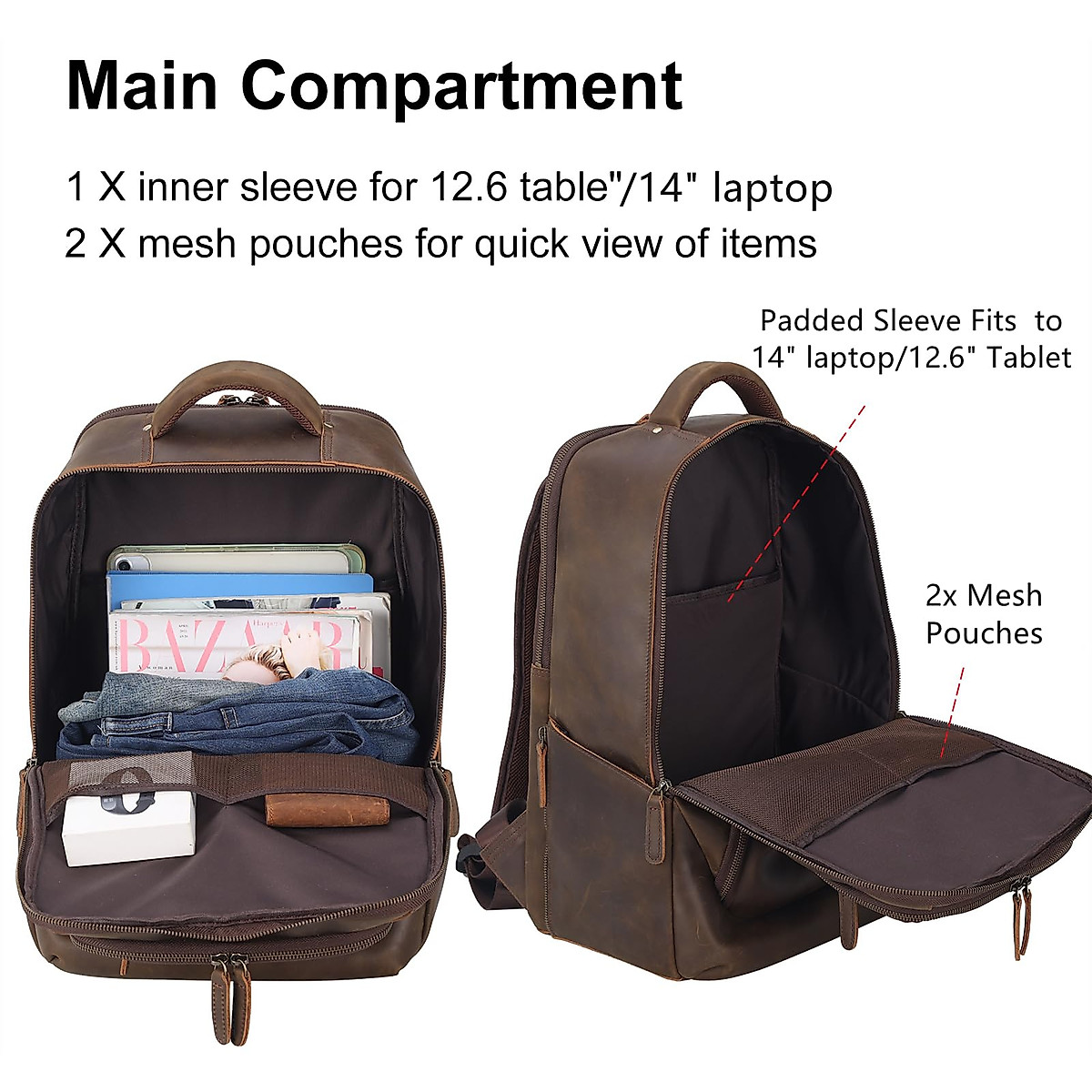 Masa Kawa Vintage Leather 15.6" Laptop Backpack for Men Large College School Bag Bookbag Business Work Travel Rucksack Casual Hiking Camping Daypack, Light Brown