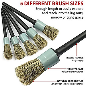 TAKAVU Boar Hair Detailing Brush Set, 5pcs Detail Brushes, 3pcs Wire Brush, Air Conditioner Brush & Microfiber Towel for Cleaning Engine, Wheel, Interior, Air Vent, Emblem, Car, Motorcycle