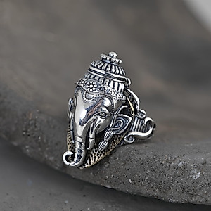 Retro Vintage 925 Sterling Silver Hindu Elephant Lord Ganesh Ring Ganesha Jewelry for Men Women Size 11
