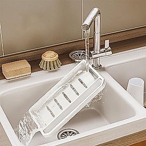 ZYLLZY Kitchen Storage Drain Rack, Kitchen Storage Drain Rack with 2 Hanging Hook No Punching Rag Washing Cloth Faucet Wall Mounted Holder, Faucet Sponge Holder Kitchen Sink Caddy Organizer (White)