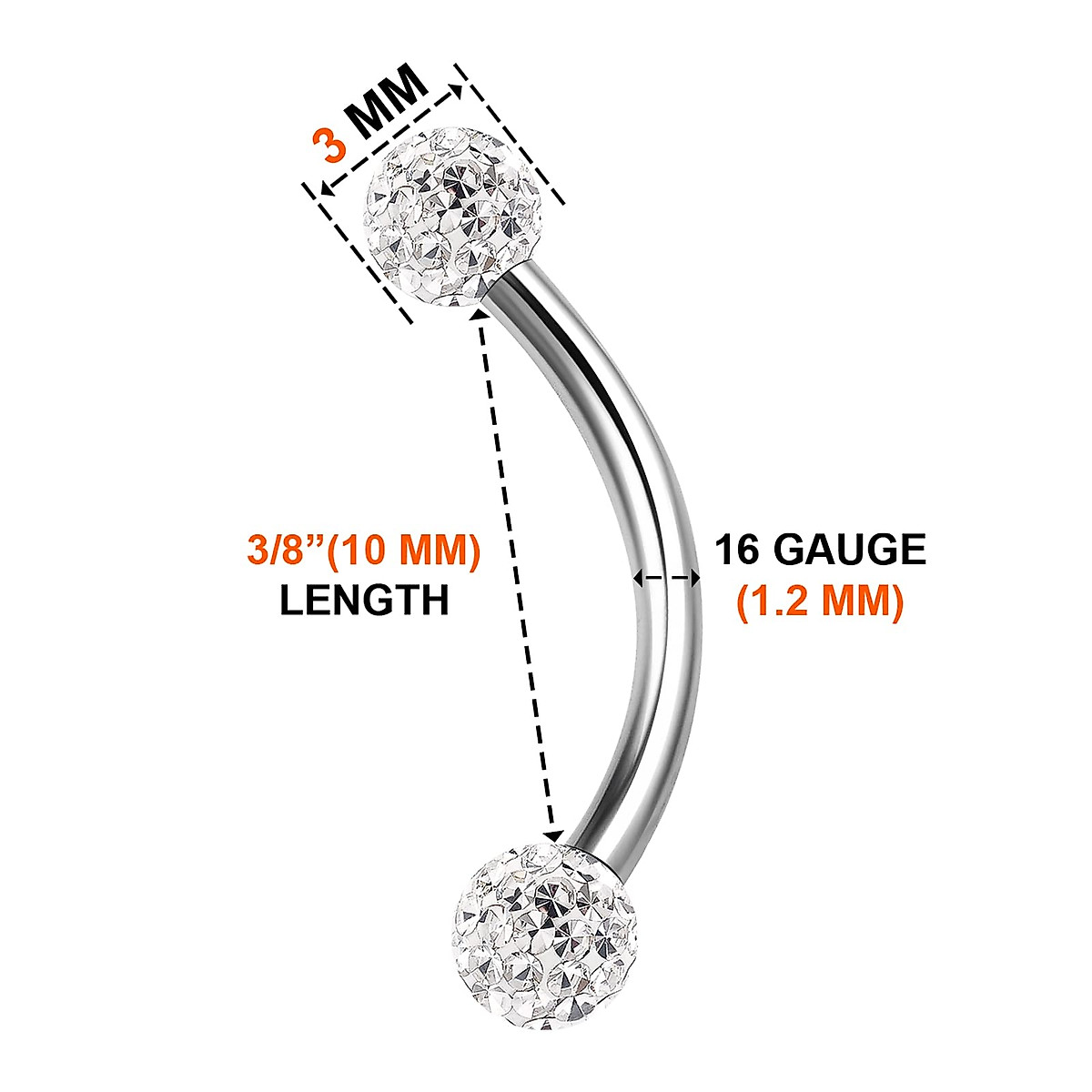 2PCS Surgical Steel Curved Barbell Ring 16g 3/8"(10mm) 3mm Clear Crystal Ball Tragus Earrings Eyebrow Piercing Jewelry 7982