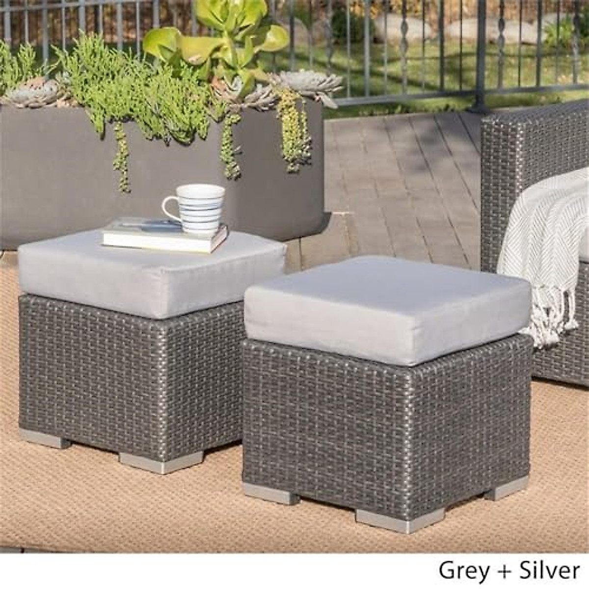 GDFStudio Outdoor 16 Inch Grey Wicker Ottoman Seat with Silver Water Resistant Cushion (Set of 2)