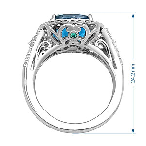 Jewelili Sterling Silver 10 MM Cushion Shape London Blue Topaz, Round White Topaz and 1.5 MM Round Emerald Stone on Both Side Halo Ring, Size 7