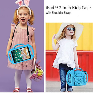 LTROP Kids Case for iPad 5th/6th Generation (2017/2018) & Air 2, Shoulder Strap Handle Stand Shockproof Bumper Cute Kid Case for iPad 9.7 Inch, Blue