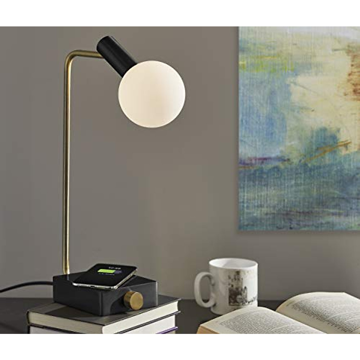 Adesso 3214-01 Windsor LED Desk Lamp Wireless Charging, 7W LED, 5W QI, USB Port, Indoor Lighting Lamps,Black
