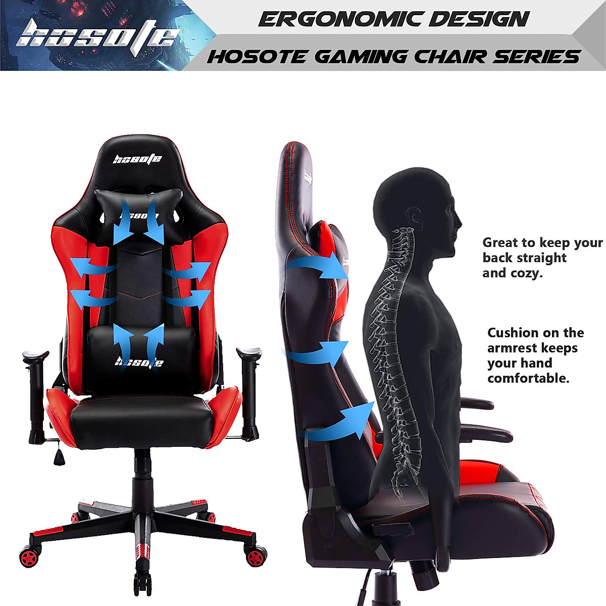Hosote Ergonomic Gaming Chair for Adults, High Back Racing Computer Gaming Chair, E-Sports Gamer Chair, Big and Tall Video Gaming Chair, PU Leather Desk Chair Task Chair Office Chair(Red)