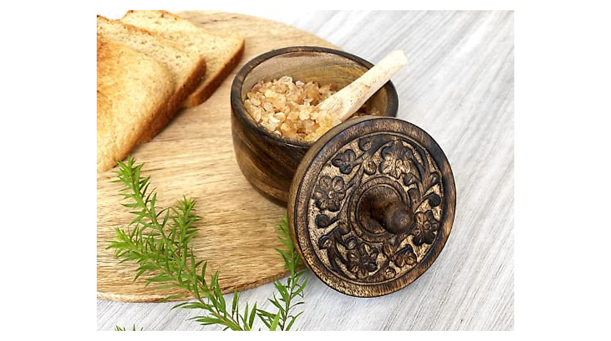Rustic Salt Box with Carved Lid & Spoon - Kitchen Essential