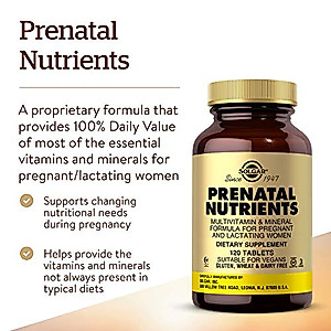 Solgar Prenatal Nutrients, 120 Tablets - Multivitamin & Mineral Formula for Pregnant & Lactating Women - Contains Zinc, Calcium Iron, Folic Acid, Vitamins C & E - Vegan, Gluten Free - 30 Servings