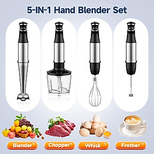 Generic Immersion Blender Handheld 5 in 1 Hand Blender Infinitely Variable Speed 800W Stick Blenders, Emulsion Blender for Kitchen, Soup, Smoothies, with Chopper, Whisk and Frother, small, sliver