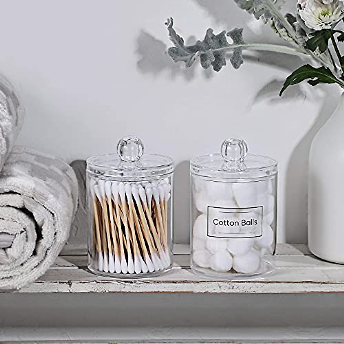 AOZITA 6 Pack Qtip Holder Dispenser for Cotton Ball, Cotton Swab, Cotton Round Pads, Floss - 10 oz Clear Plastic Apothecary Jar for Bathroom Canister Storage Organization, Vanity Makeup Organizer